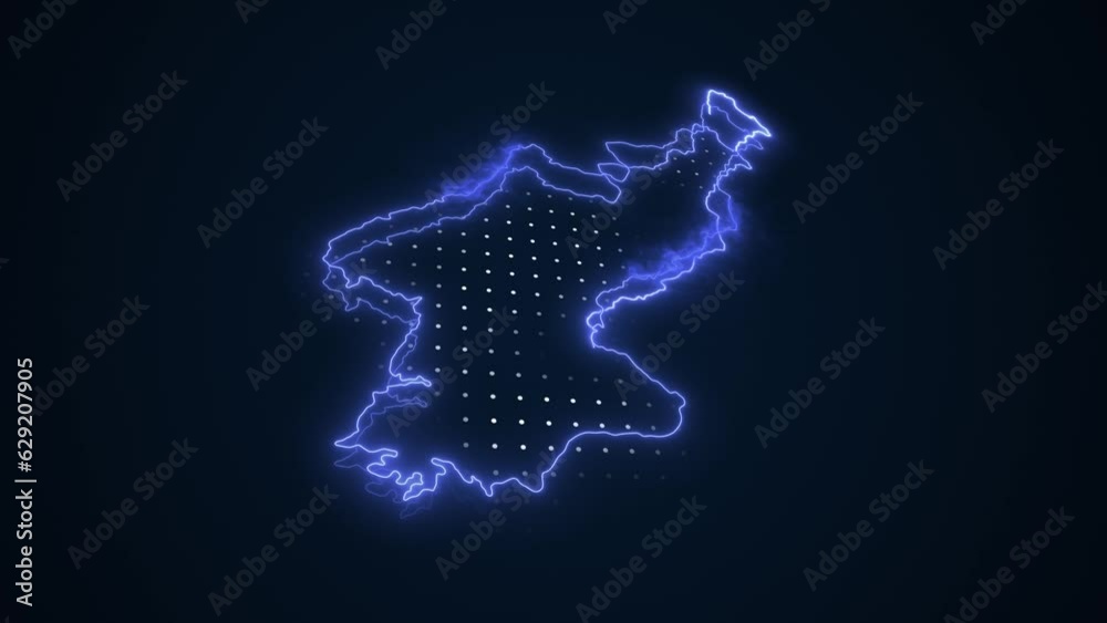 3D Neon Blue North Korea Map Borders Outline Loop Background. Neon Blue ...