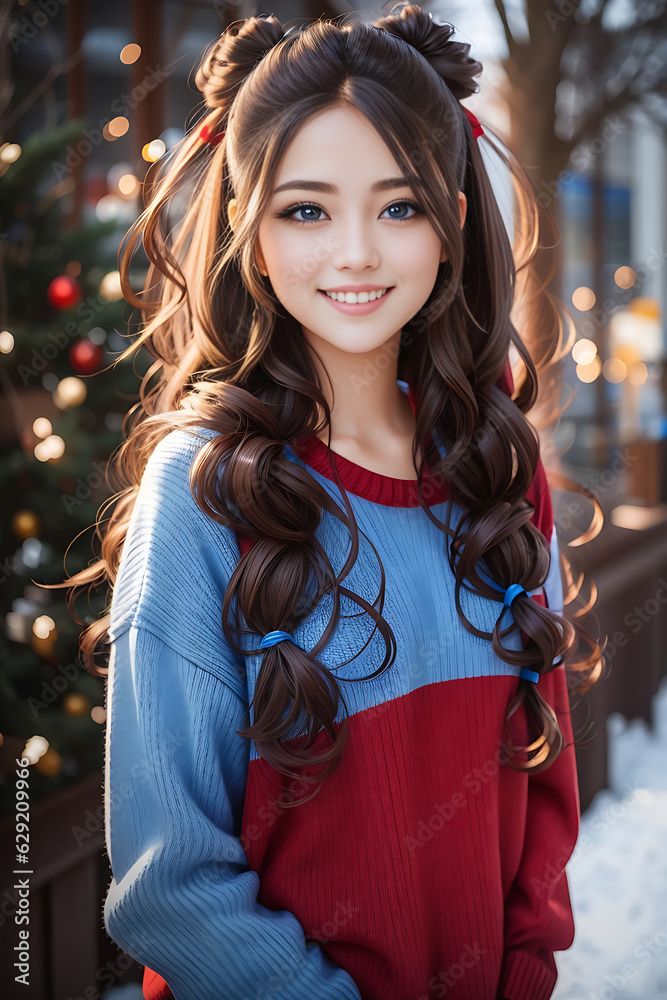 Beautiful smiling girl with long hair twin tails blue eyes red sweater ...