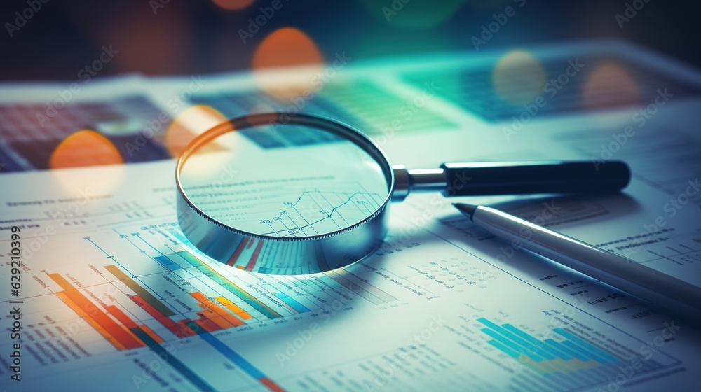 Magnifying glass and documents with analytics data lying on table ...