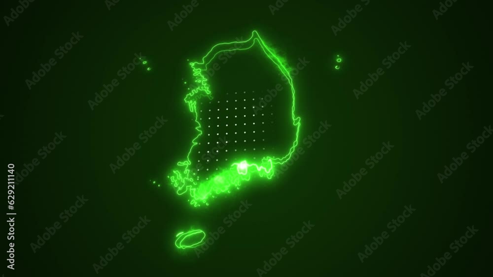 3D Moving Neon Green South Korea Map Borders Outline Loop Background ...