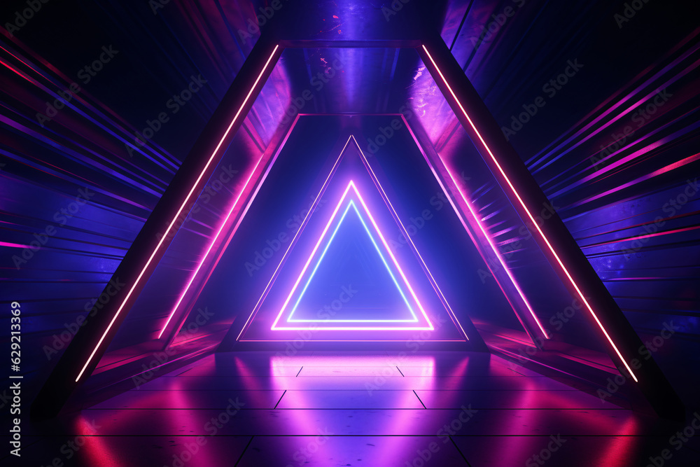Neon light abstract background. Triangle tunnel or corridor violet neon ...