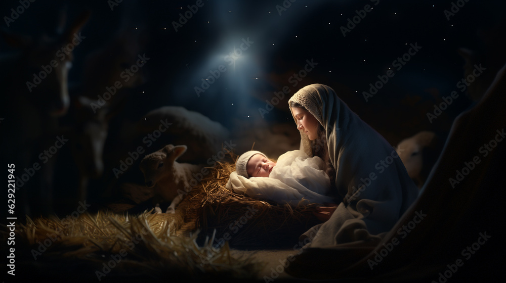 Nativity scene: Saint Mary with the newborn Jesus Christ in a manger ...