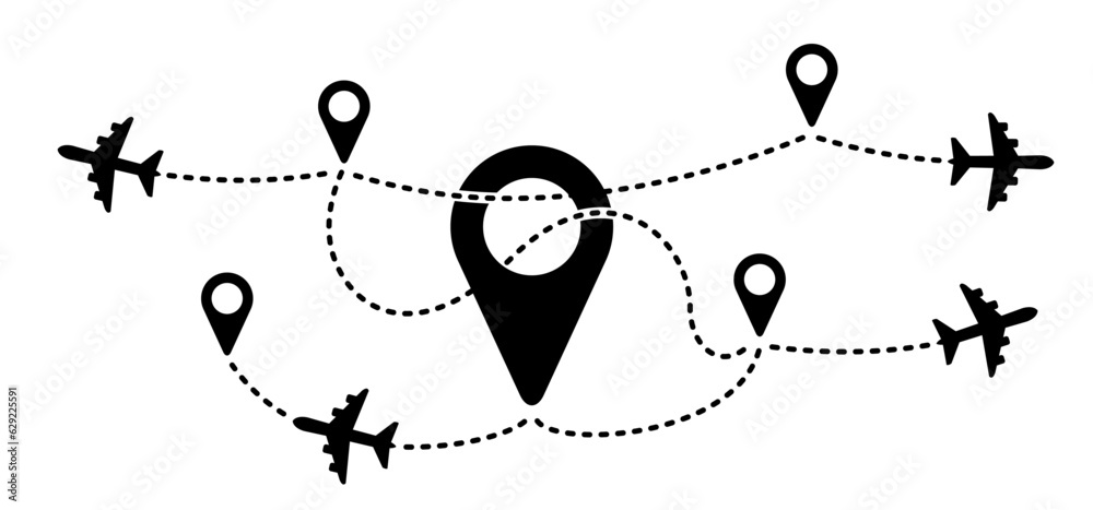 Soaring air plane line path. Take Off airplane, flight route with start ...