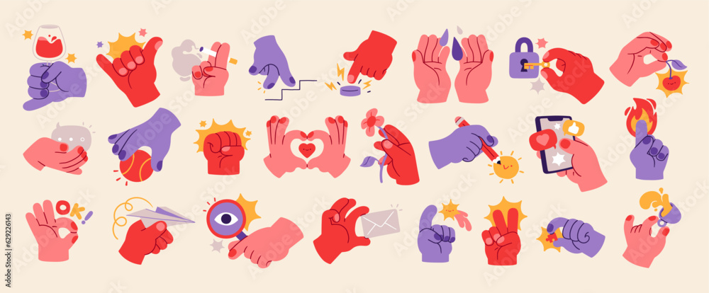 Various Hands holding things. Different gestures. Hand drawn colored ...