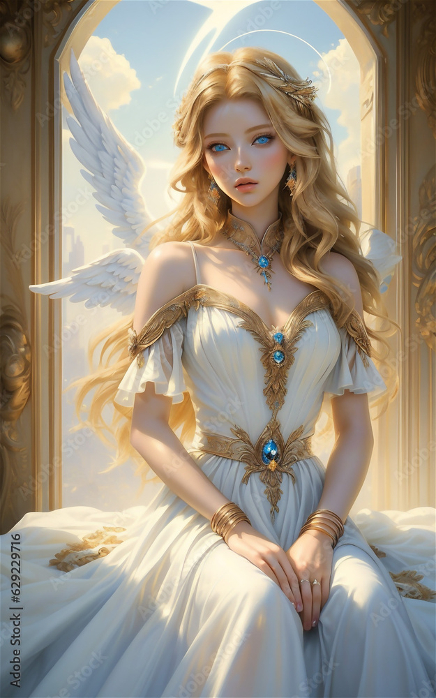 Fantasy female angel with white big wings. Anime angel girl. above the ...