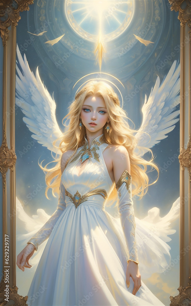 Fantasy female angel with white big wings. Anime angel girl. above the ...