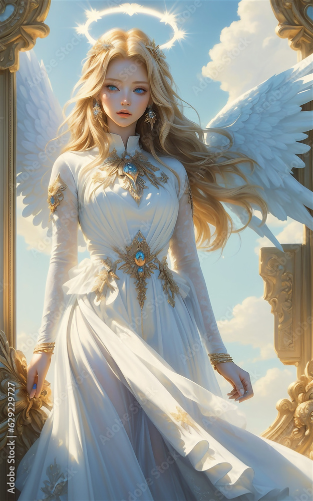Fantasy female angel with white big wings. Anime angel girl. above the ...