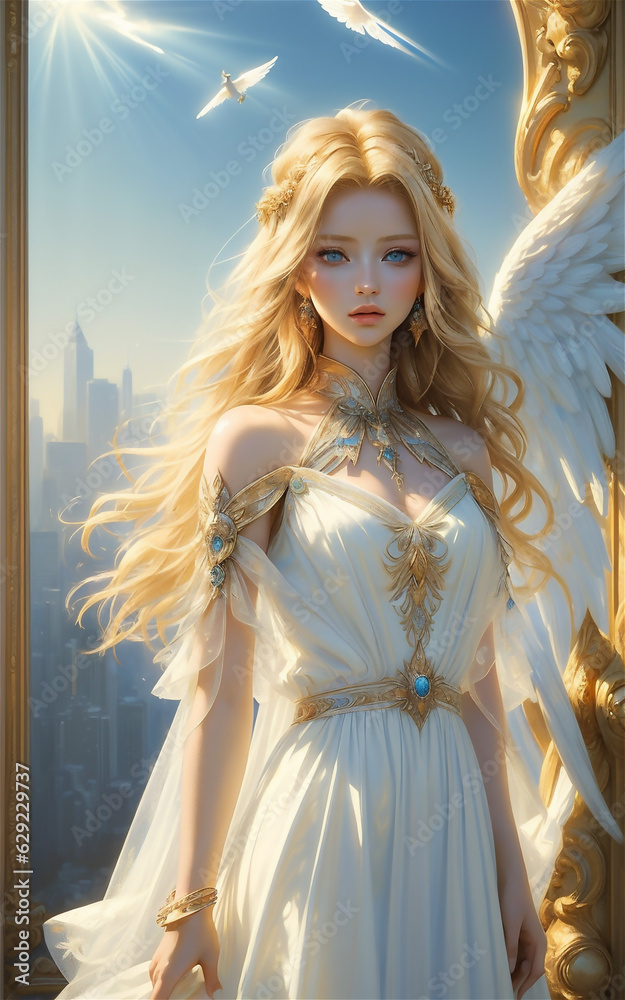 Fantasy female angel with white big wings. Anime angel girl. above the ...
