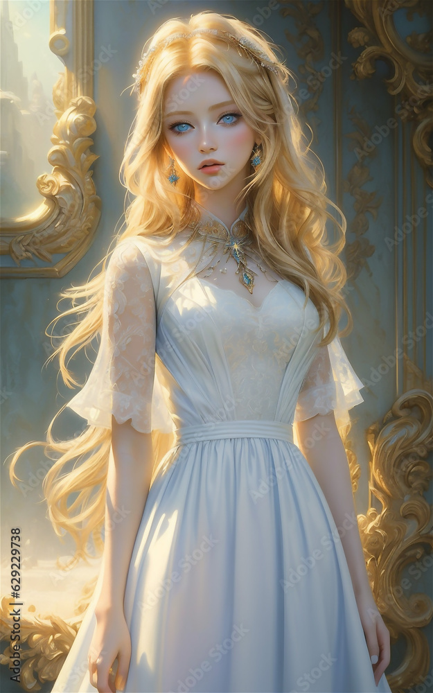 Fantasy female angel with white big wings. Anime angel girl. above the ...