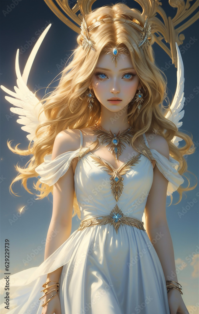 Fantasy female angel with white big wings. Anime angel girl. above the ...