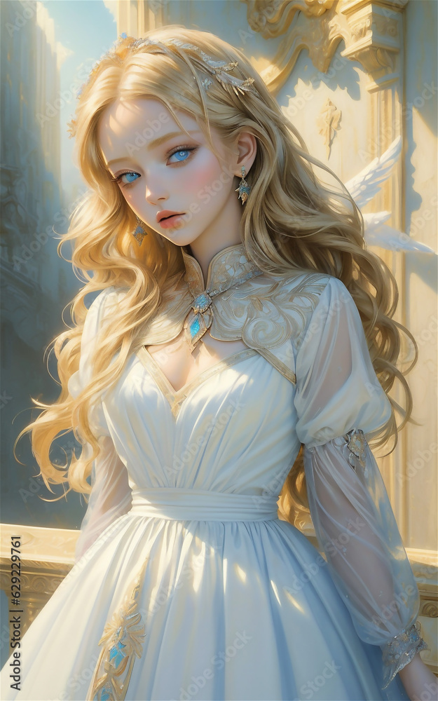 Fantasy female angel with white big wings. Anime angel girl. above the ...