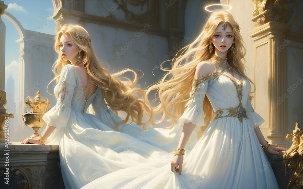 Fantasy female angel with white big wings. Anime angel girl. above the ...