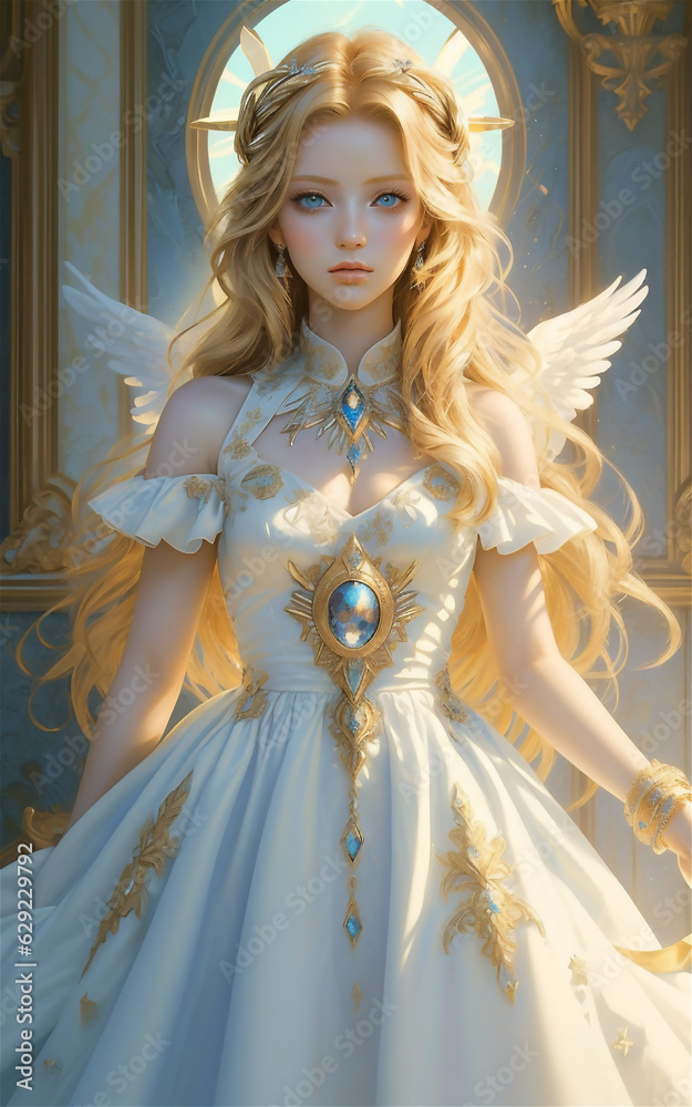 Fantasy female angel with white big wings. Anime angel girl. above the ...