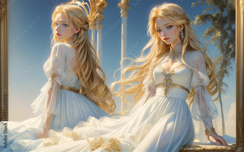 Fantasy female angel with white big wings. Anime angel girl. above the ...