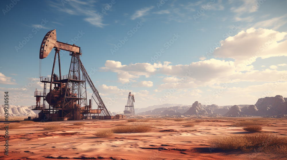 Design a massive oil rig standing tall amidst the vast desert landscape ...