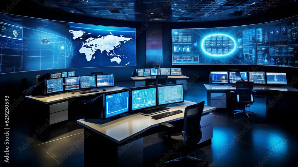 Design a high-tech control center with rows of monitors and data ...