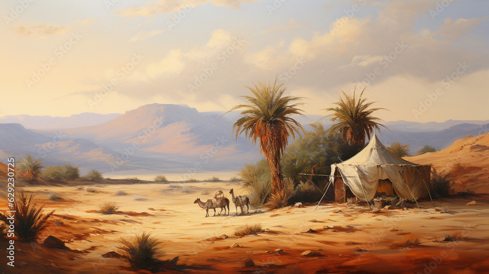 Craft an artistic painting of a desert landscape, with a Bedouin tent ...