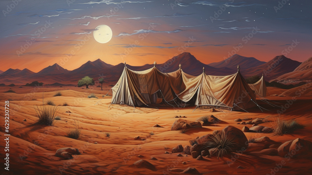 Craft an artistic painting of a desert landscape, with a Bedouin tent ...