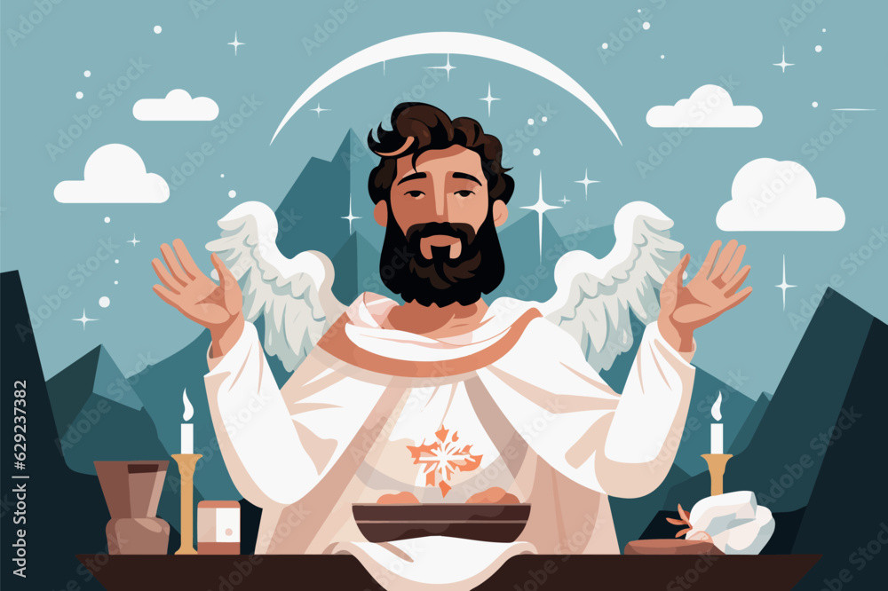 Cartoon Christian god with wings having supper outdoors. Male bearded ...