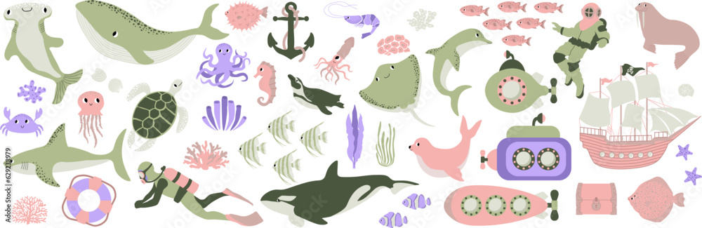 Vector ocean mega set with whale,turtle,jellyfish,shark,crab,octopus ...