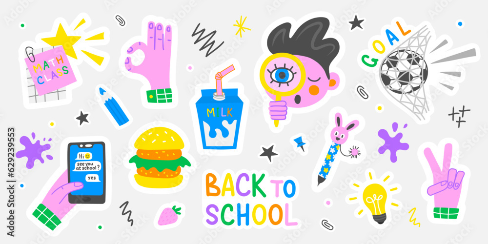 Collection of school stickers and decorative elements.Vector set for ...