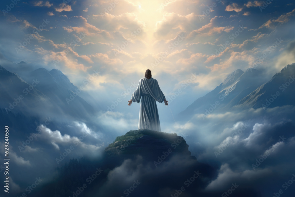 Back view of Jesus Christ stand on mountain in heaven. Concept of ...