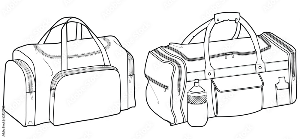 Set of Duffel bag flat sketch fashion illustration drawing template ...