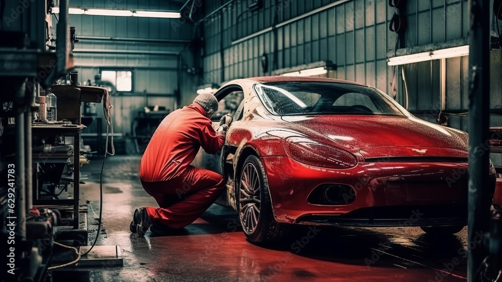 Describe a mechanic working on a car in a huge garage. The car is a ...