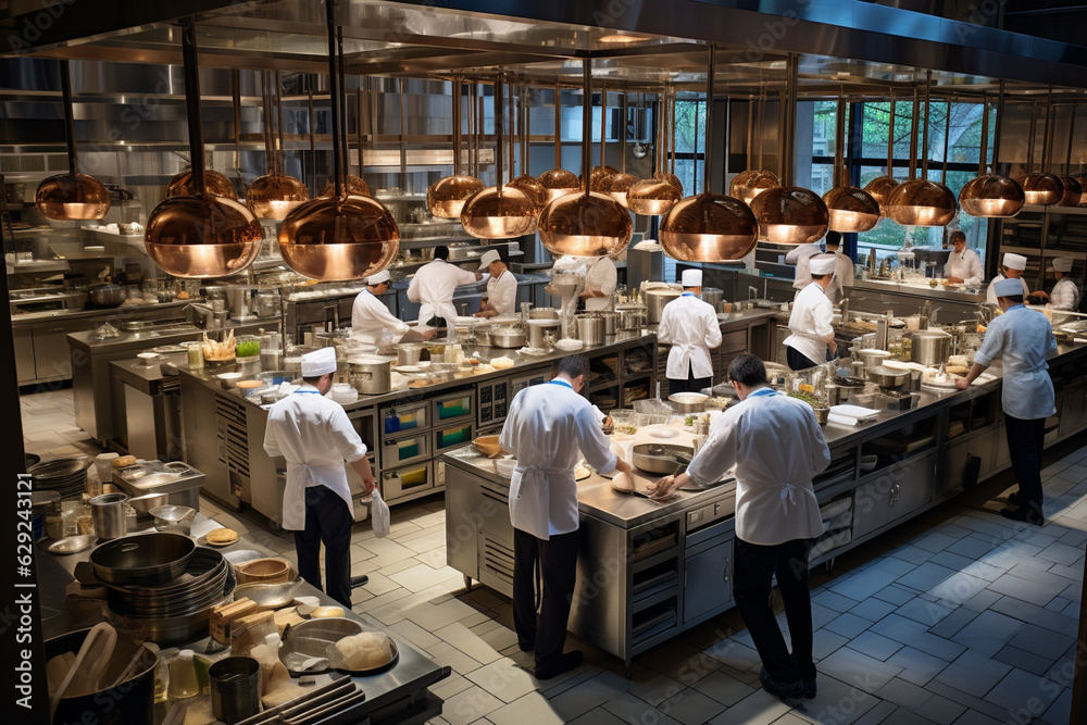 Design a captivating overhead shot of the bustling kitchen, with chefs ...