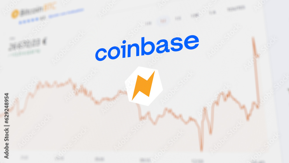 July 30th 2023, the logo Coinbase and the logo Lightning Network on a ...