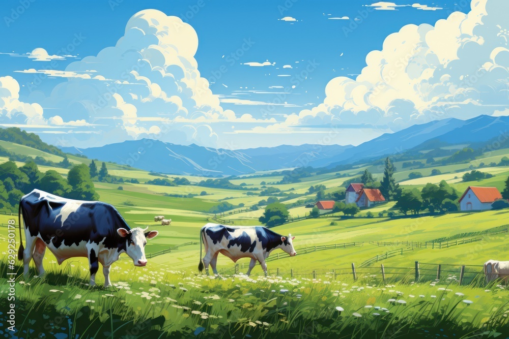 vector graphics of Rural landscapes with dairy farms and herd cows ...
