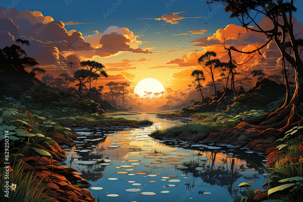 Background ai, tropical jungle landscape, dense green misty fantasy ...