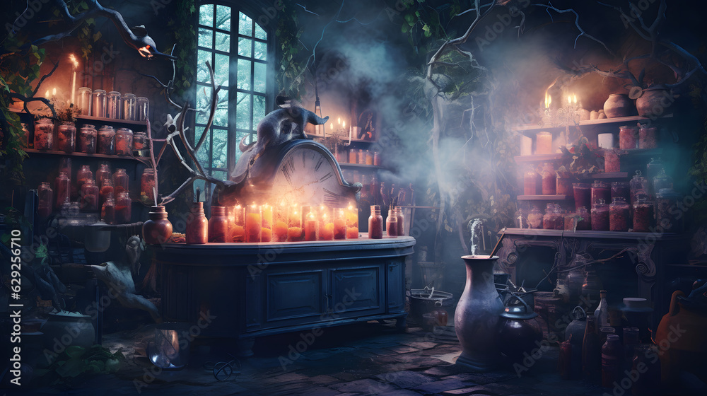 mysterious potion making scene in a witchs laboratory hallloween Stock ...
