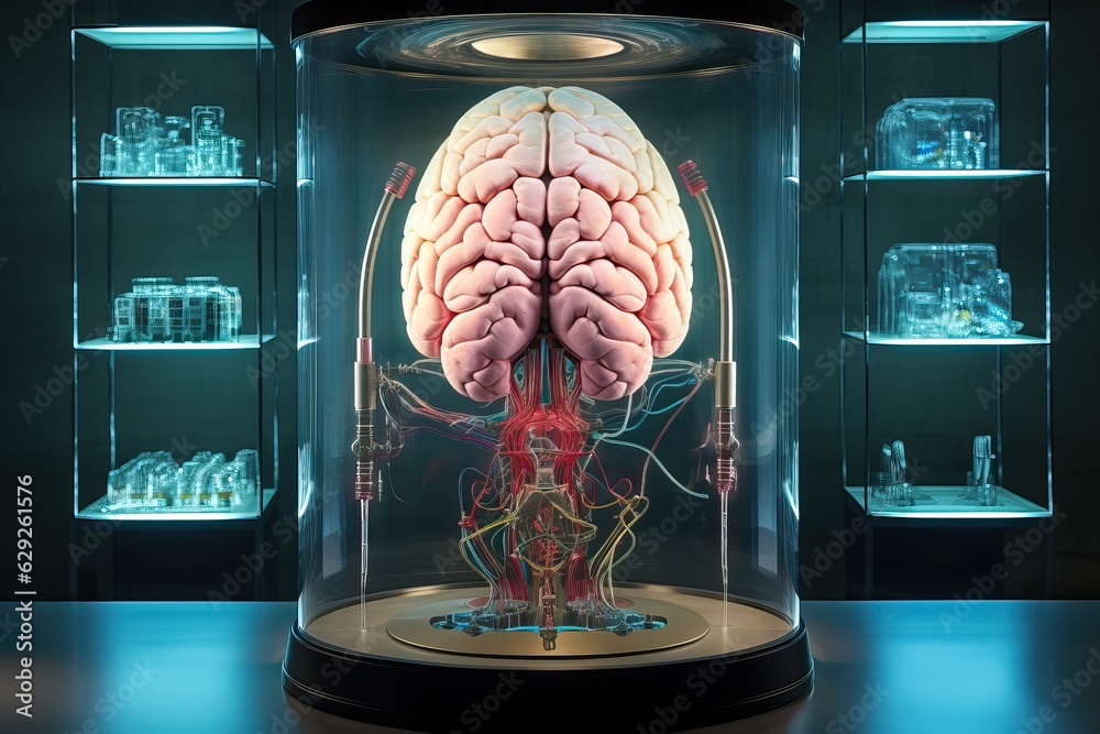 Close-up view of a cloned human brain with wires connected to it. The ...