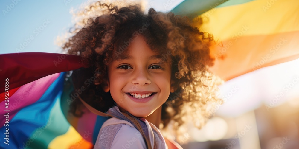 Smiling young boy standing against pride flag. Child enjoying during ...