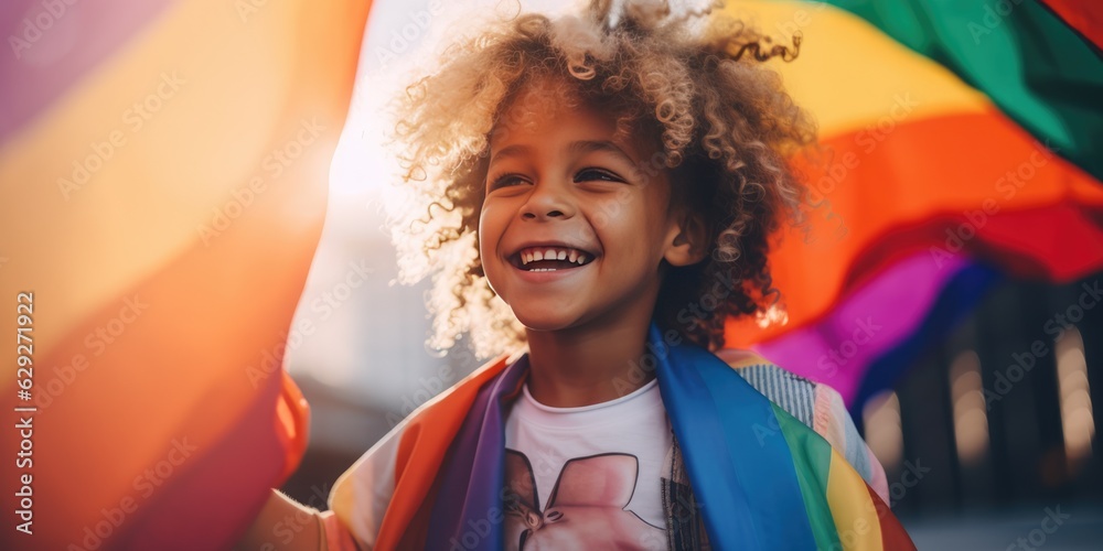 Smiling young boy standing against pride flag. Child enjoying during ...
