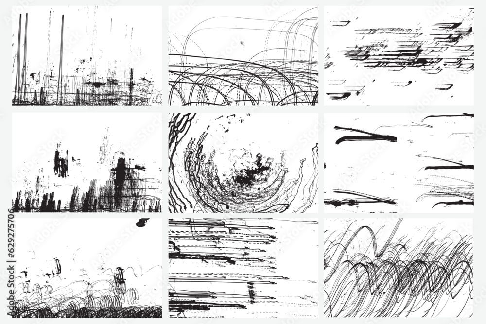 Set of abstract backgrounds. Ink scribble textures as cards. Black and ...