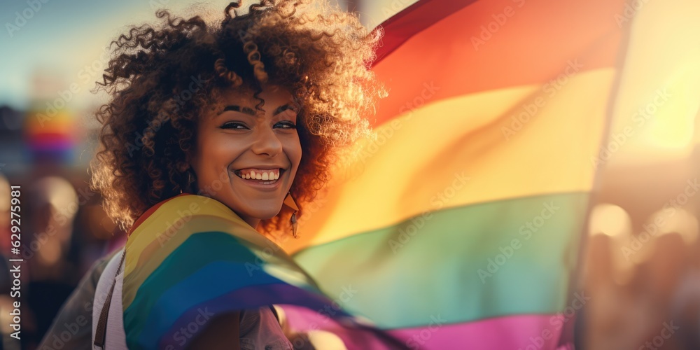 Young activist woman smiling and holding rainbow flag symbol of Lgbtq ...
