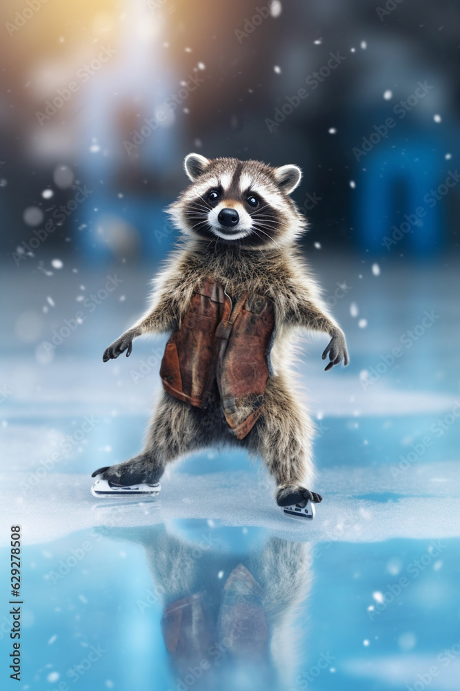 The Playful Raccoon Skating with Joy on Winter Ice Rink AI generated Stock Illustration | Adobe ...