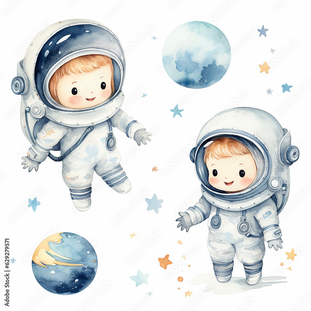Adorable Watercolor Astronaut in Space Watercolor Clipart Set Stock ...