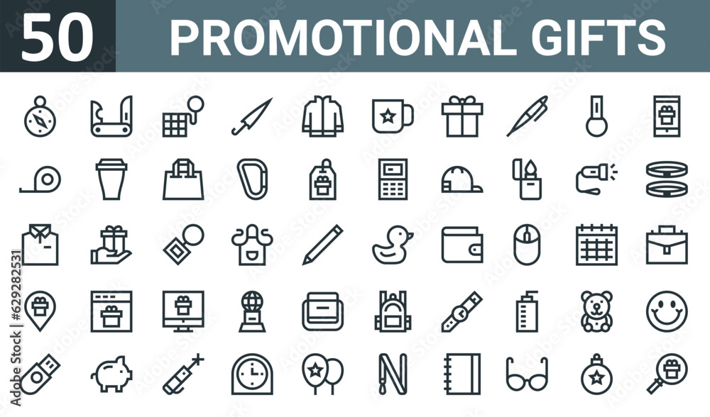 set of 50 outline web promotional gifts icons such as compass ...
