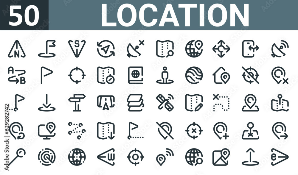 set of 50 outline web location icons such as north, flag, south ...