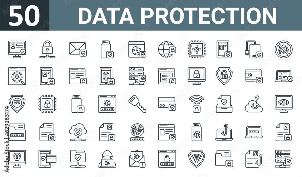 set of 50 outline web data protection icons such as website, network ...