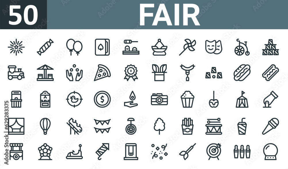 set of 50 outline web fair icons such as fireworks, candy, balloons ...
