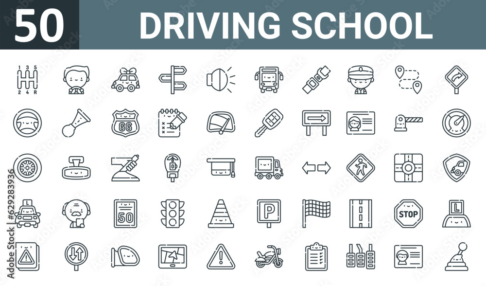 set of 50 outline web driving school icons such as gearbox, driving ...
