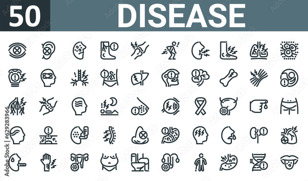 set of 50 outline web disease icons such as sight, deaf, acne, varicose ...