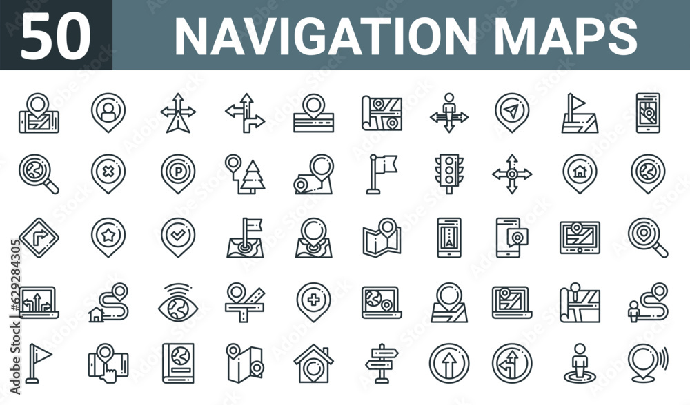 set of 50 outline web navigation maps icons such as mobilephone ...