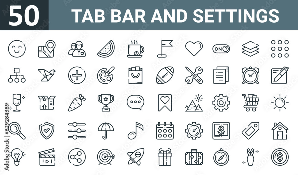 set of 50 outline web tab bar and settings icons such as emotion, map ...
