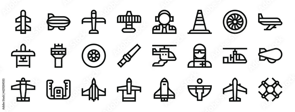set of 24 outline web aviation icons such as missile, zeppelin ...