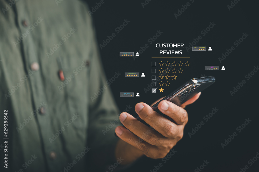 Choosing one star rating concept Unhappy customer hold smartphone ...